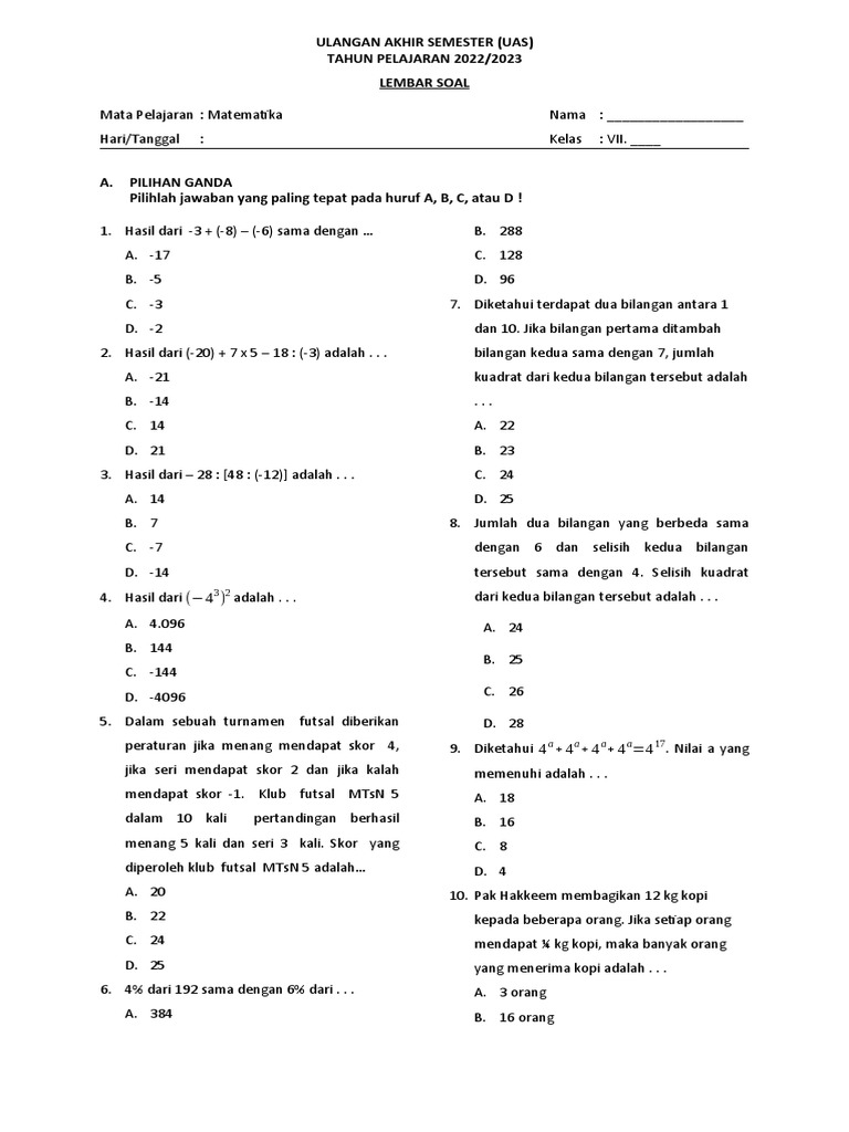 SOAL UAS MTK 7 Prepare PAS 2022 | PDF