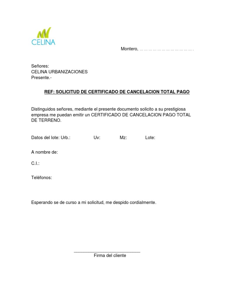 Modelo de Carta de Solicitud CERTIFICADO DE CANCELACION TOTAL | PDF