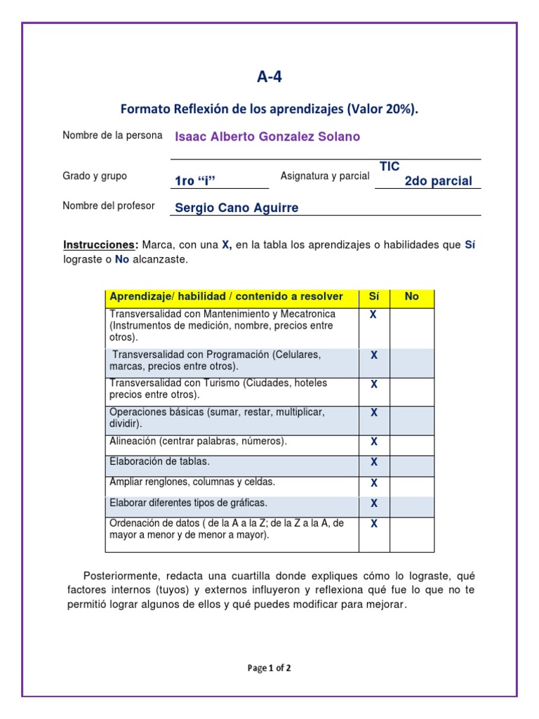 A 4 Formato de Reflexión 2do Parcial TIC | PDF | Microsoft Excel | Porcentaje