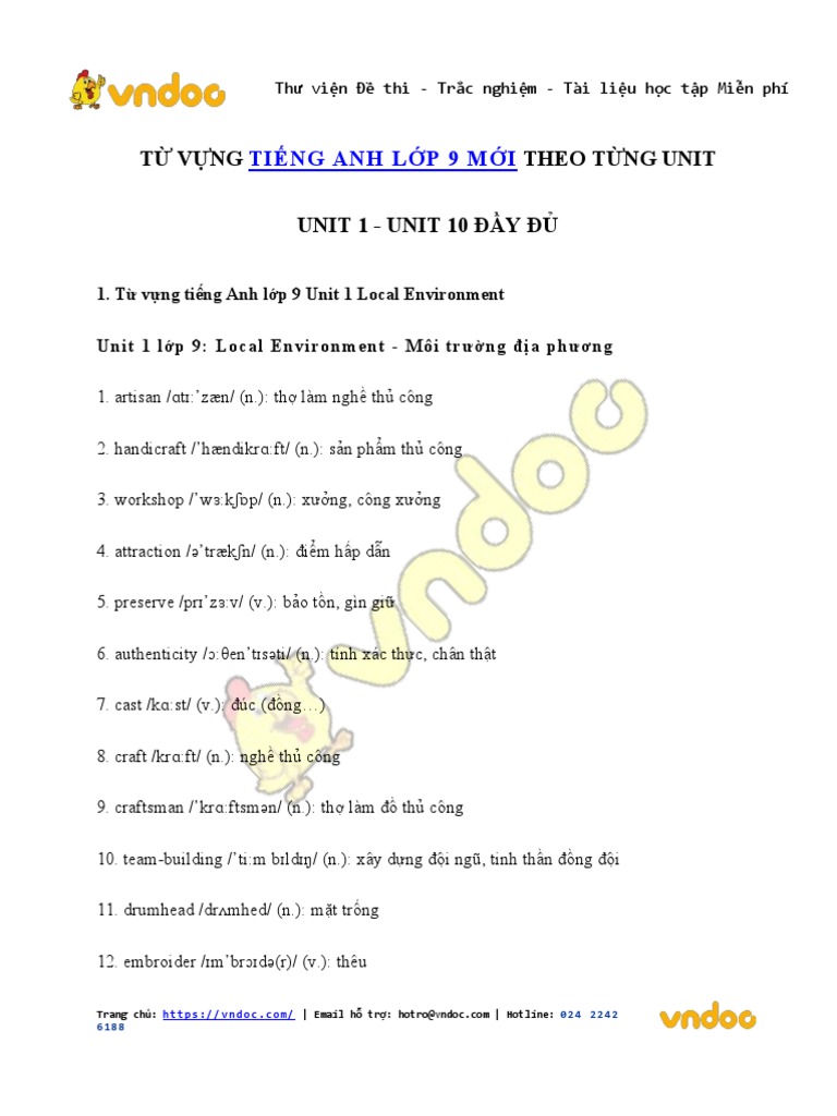Tong Hop Tu Vung Tieng Anh Lop 9 Thi Diem Theo Tung Unit | PDF