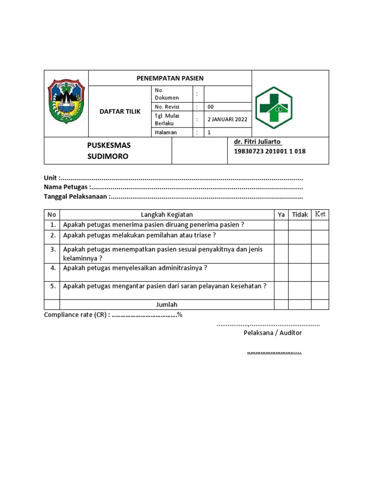 Daftar Tilik Penempatan Pasien | PDF
