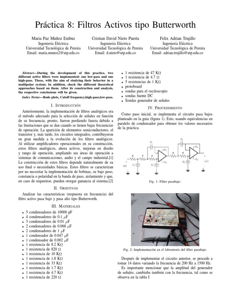 PR Ctica 8 Filtros Activos Tipo Butterworth | PDF | Filtro electronico | Ingeniería Informática