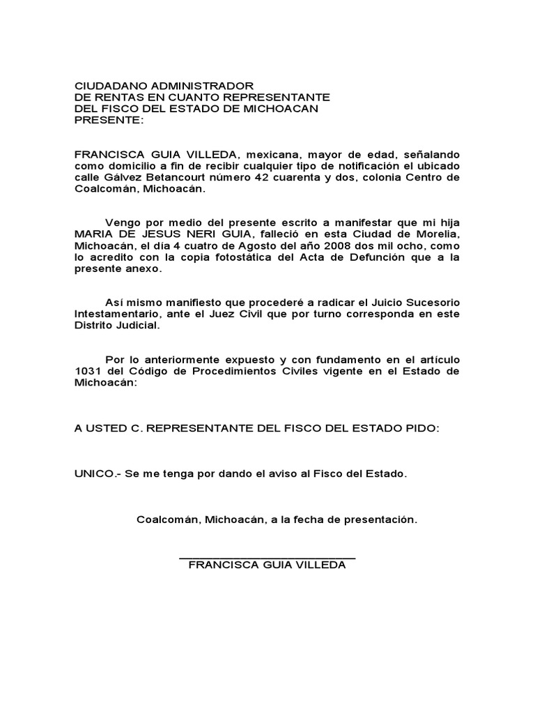 Aviso al Fisco en Juicio Sucesorio | PDF | Gobierno | Justicia