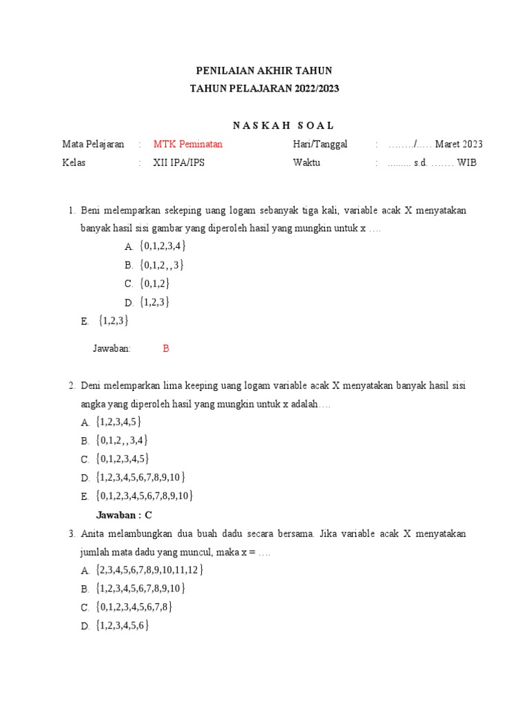 Soal - Pat - Xii - Matematika Peminatan - Tahun 2023 | PDF