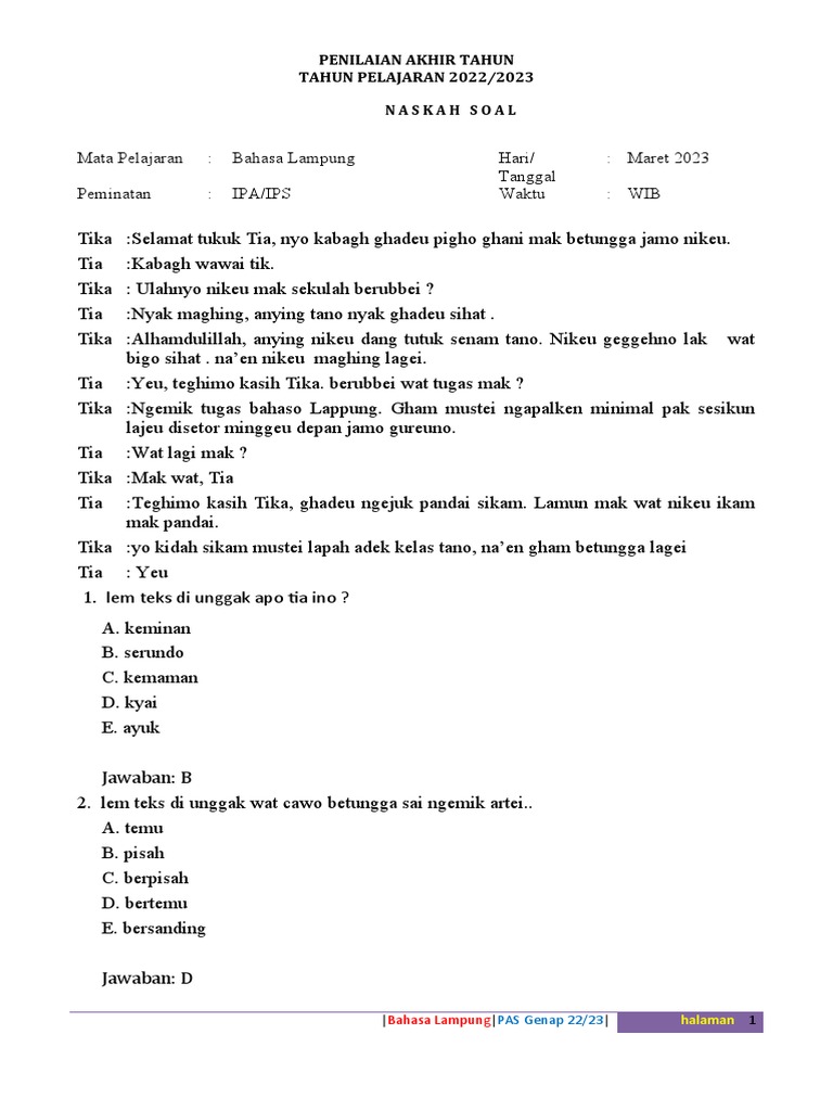 Soal - Pat - Xii - Bahasa Lampung - Tahun 2023 | PDF
