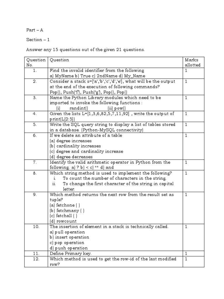 Class 12 CS Sample Paper 2023-24 | PDF | Table (Database) | Databases