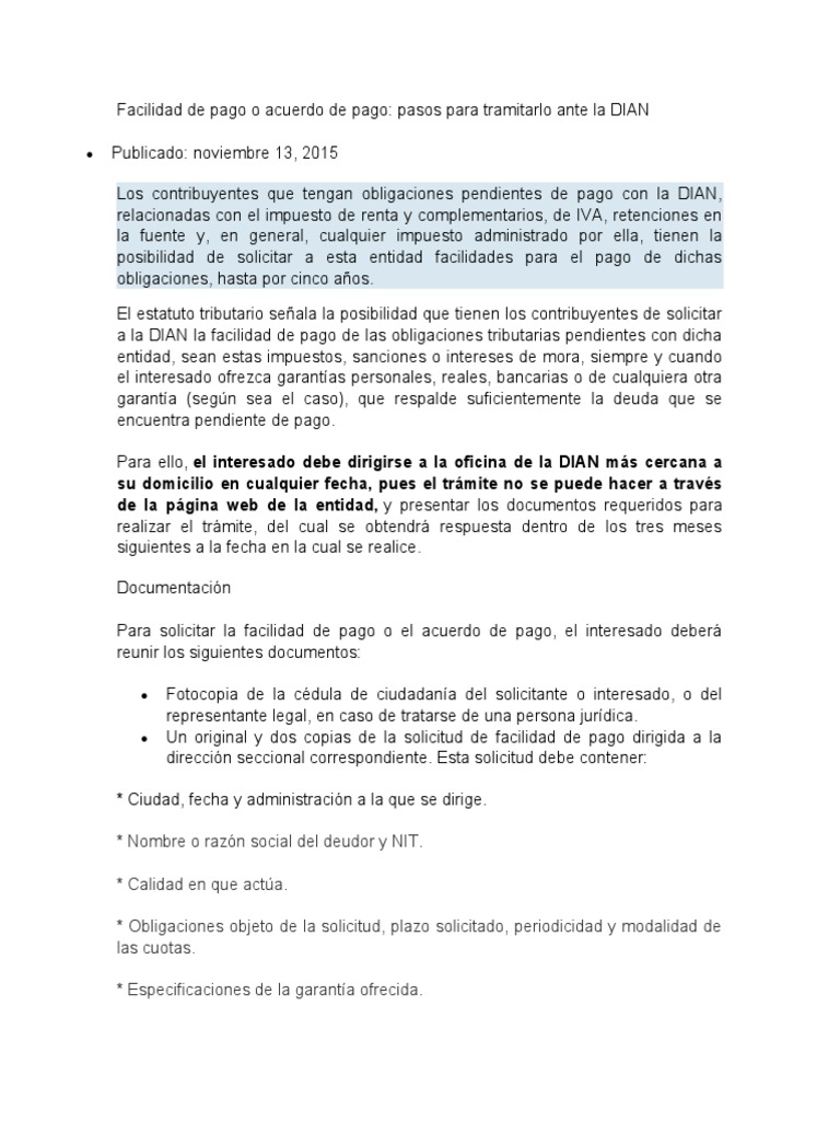 Facilidad de Pago o Acuerdo de Pago | PDF | Pagos | Impuestos