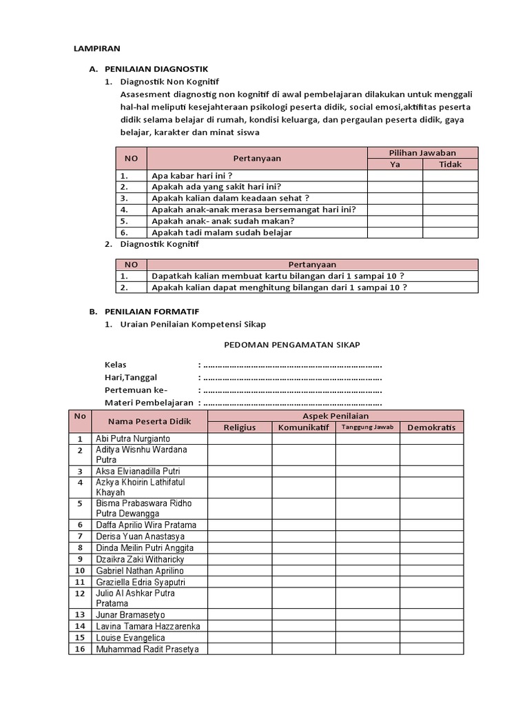 ASESMEN Diagnostik KELAS 4 A | PDF