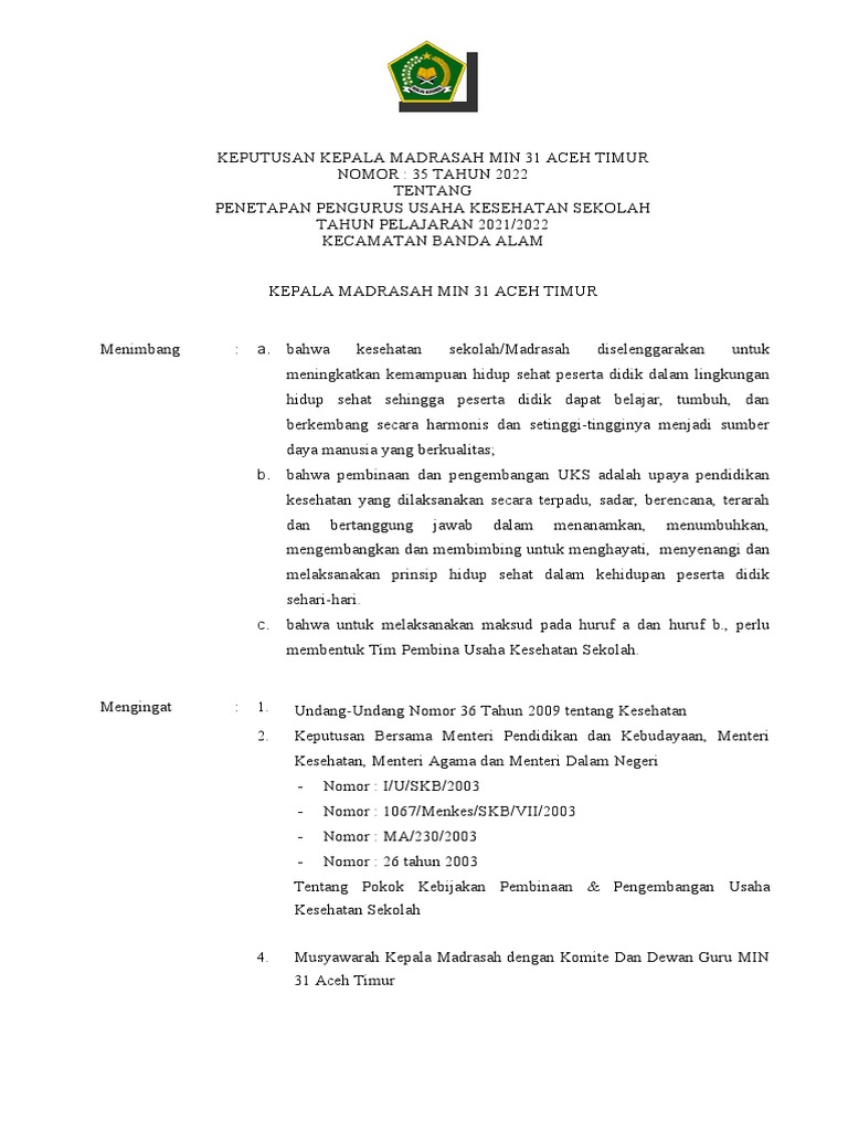 Contoh SK Tim Pembina Uks Lembaga | PDF