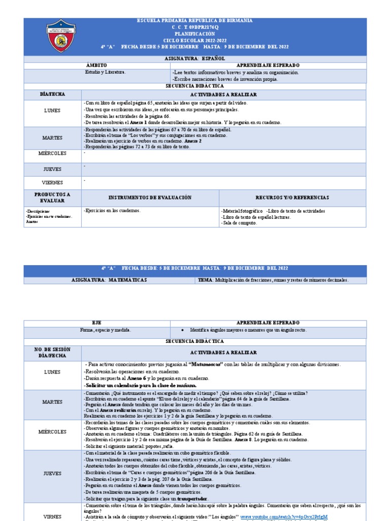 4° Año Semana Del 5 Al 9 de Diceimbre | PDF