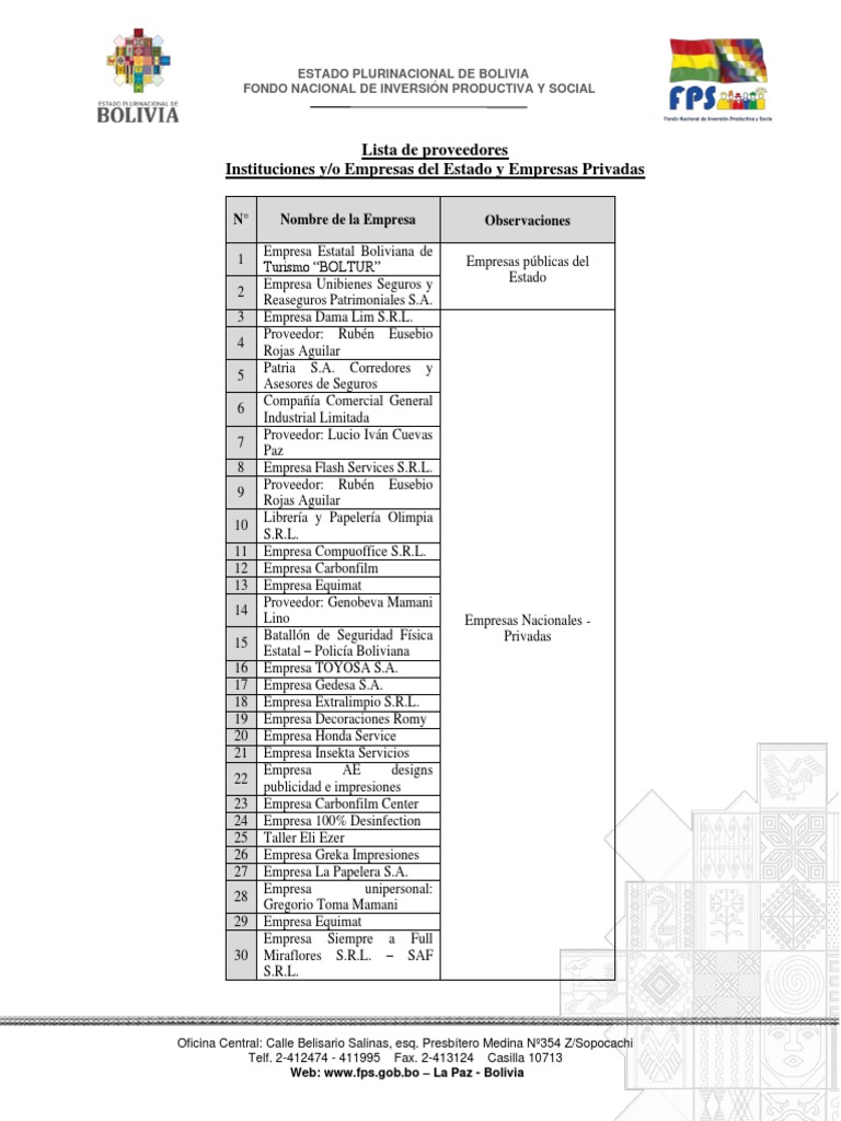Lista de proveedores del Fondo Nacional de Inversión Productiva y Social de Bolivia que incluye ...