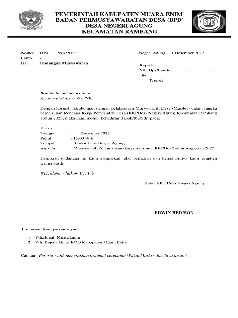 Undangan Musyawarah RKPDes 2023 | PDF