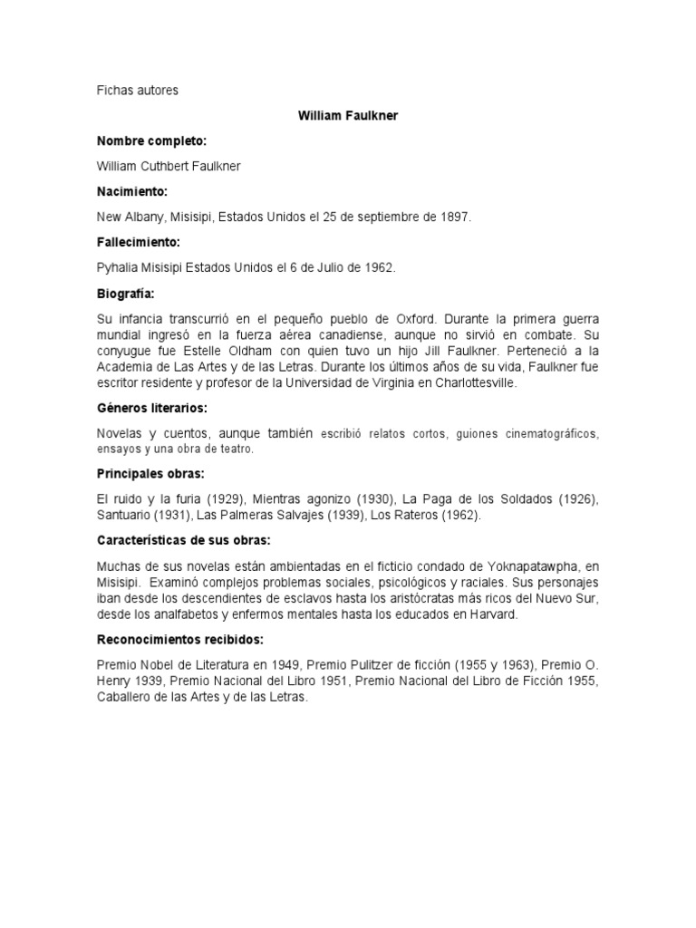 Ficha Autores | PDF | William Shakespeare | William Faulkner