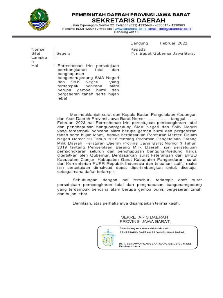 Surat Ijin Persetujuan Bongkar Bencana Sekda 2023 | PDF