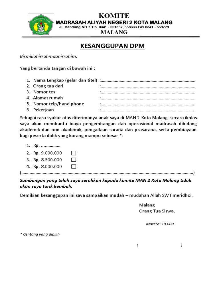Kesanggupan Sumbangan Orang Tua MAN 2 Malang | PDF
