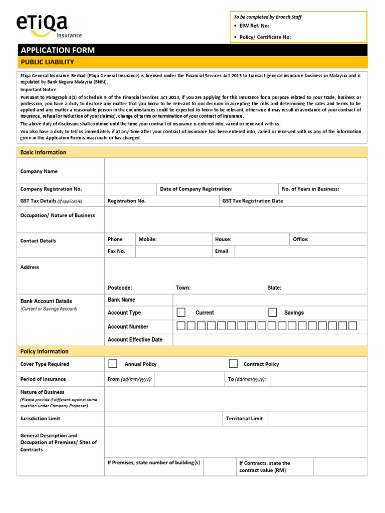 Etiqa Public Liability Insurance Form | PDF | Insurance | Information ...