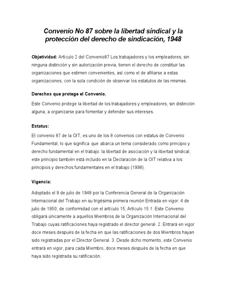 Convenio No 87 Sobre La Libertad Sindical y La Protección Del Derecho de Sindicación | Descargar ...