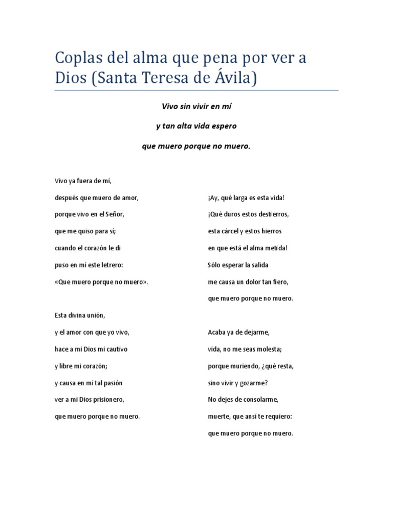 Coplas Del Alma Que Pena Por Ver A Dios (Sta. Teresa) | PDF