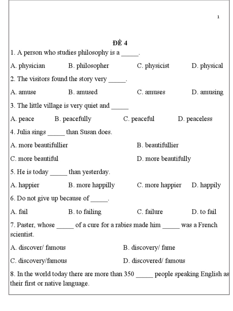 English Language Exam with Multiple Choice Questions Covering Grammar ...