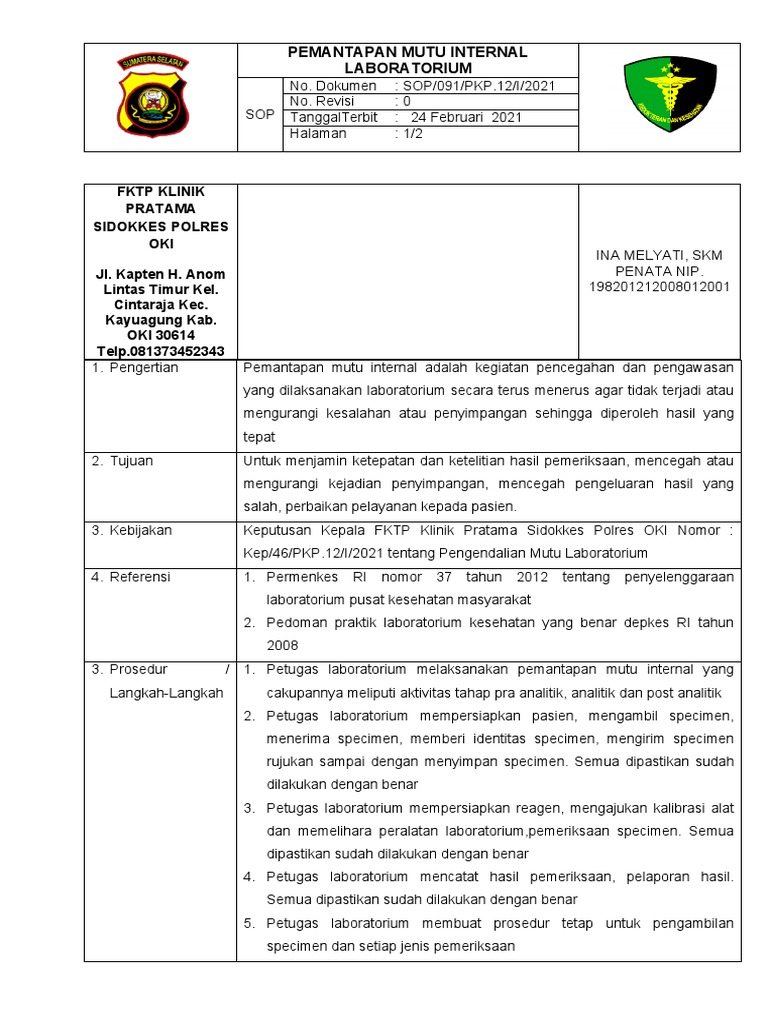 Sop Pemantapan Mutu Internal Laboratorium | PDF