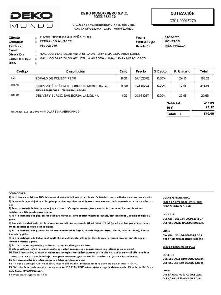 Cotizacion #17270 - F Arquitectura & Diseño E.I.R.L. - Zocalos | PDF | Bancos | Bancario