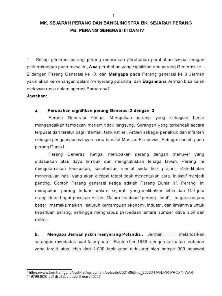 Jawaban Tor BK Sejarah Perang PB Perang Generasi III Dan IV | PDF