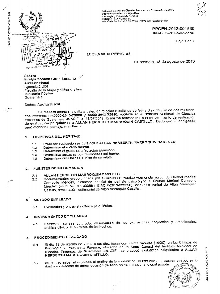 Dictamen Pericial Psicologico Psiquiatrico INACIF | PDF
