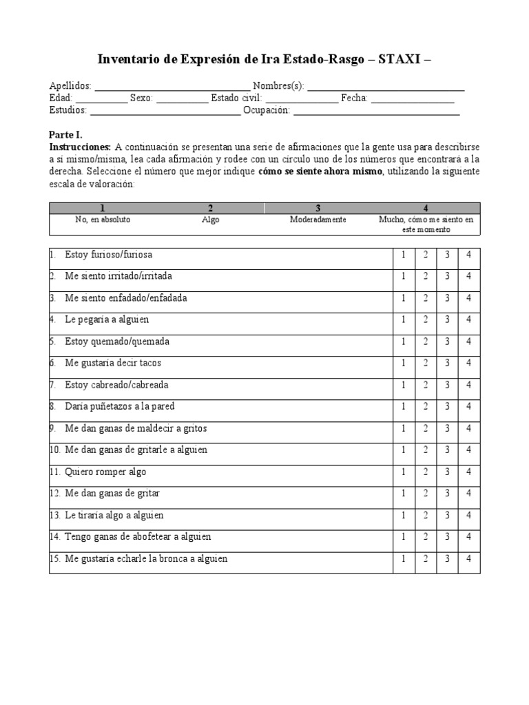 Inventario de Expresión de Ira Estado - Rasgo (STAXI) | PDF