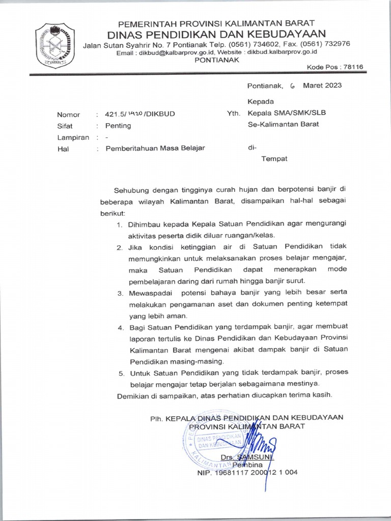 Pemberitahuan Masa Belajar Akibat Banjir | PDF