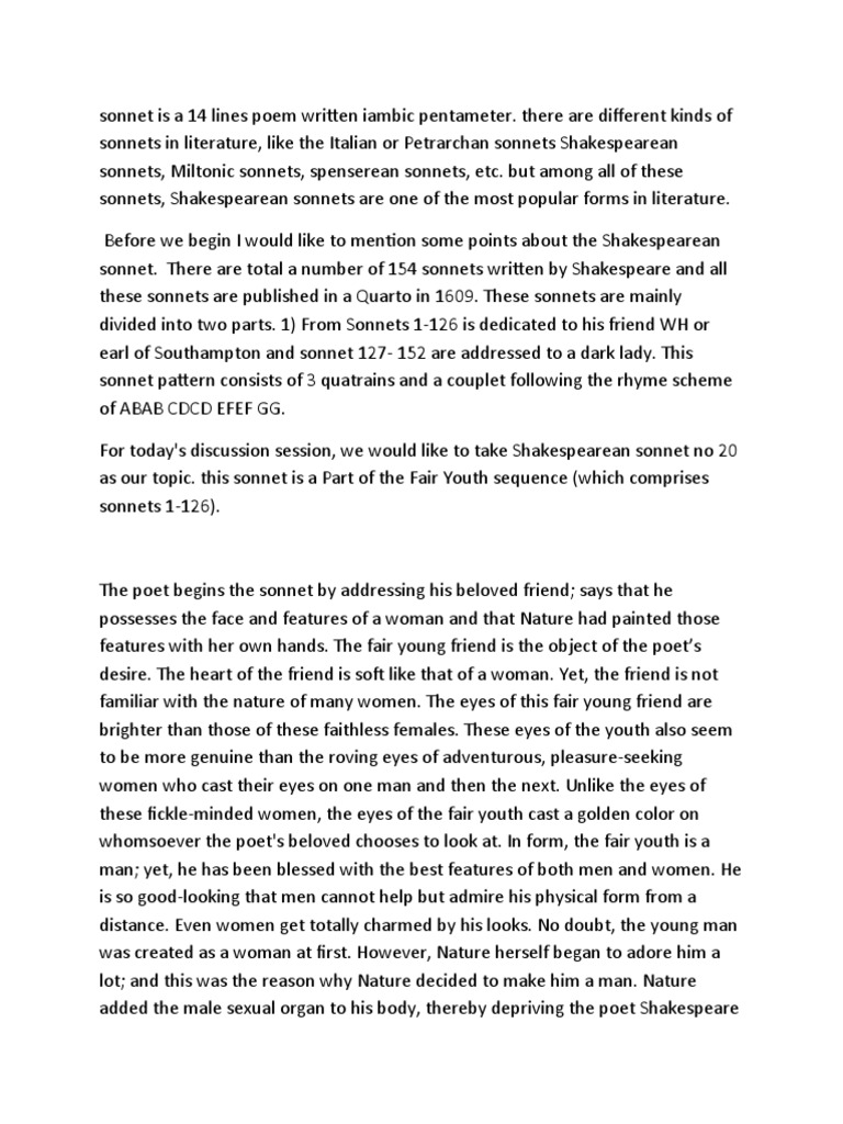 Analysis of Shakespeare's Sonnet 20 | PDF | Sonnets | Shakespeare's Sonnets