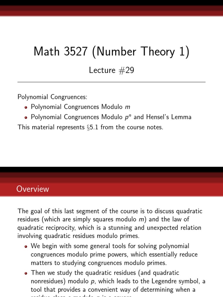 3527 Lecture 29 Polynomial Congruences | PDF | Equations | Polynomial