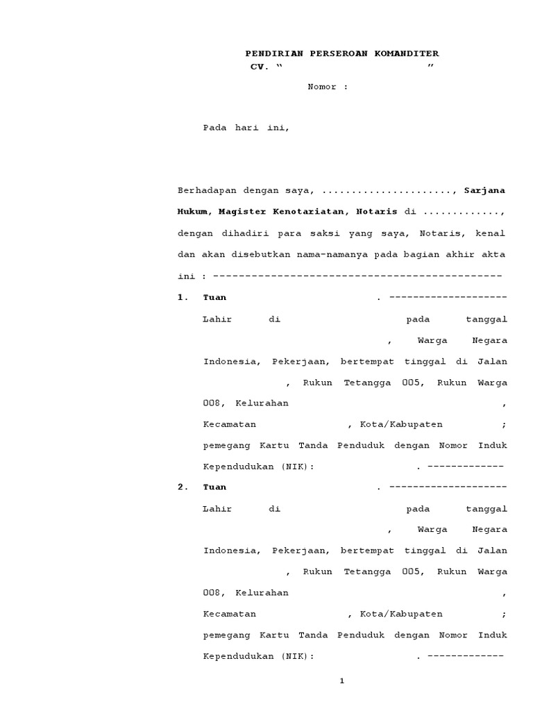 Contoh Draf Akta Pendirian Cv. Dengan Kbli Bidang Usaha Disertai ...