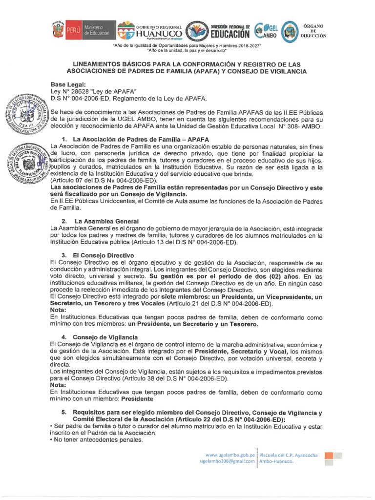 Lineamientos básicos para conformación de APAFA, CONEI Y Consejo de vigilancia | PDF