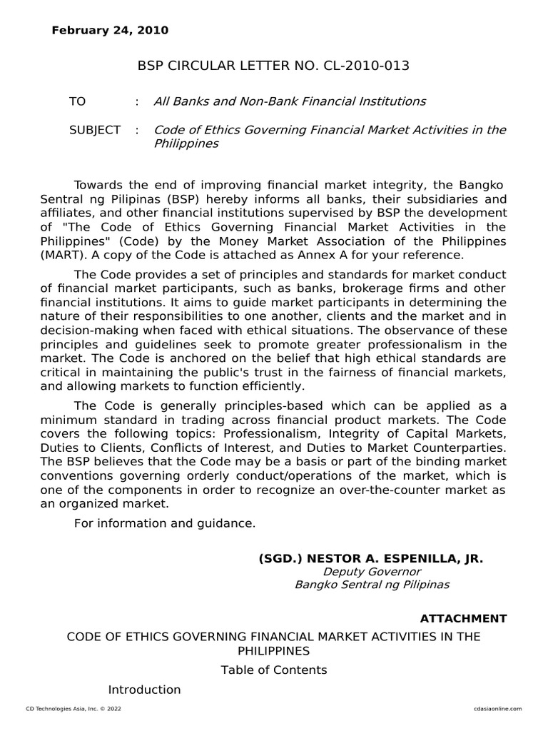 Code of Ethics Governing Financial Market Activities in The Philippines ...