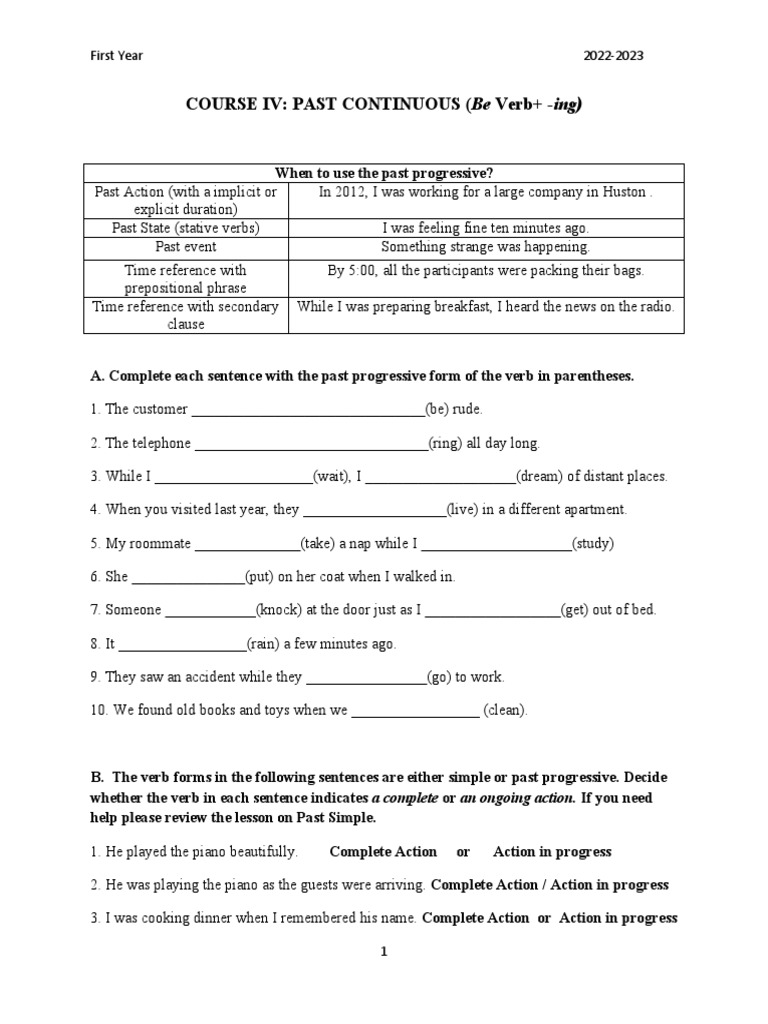 Past Continuous Tense Exercises Guide | PDF | Cognitive Science ...