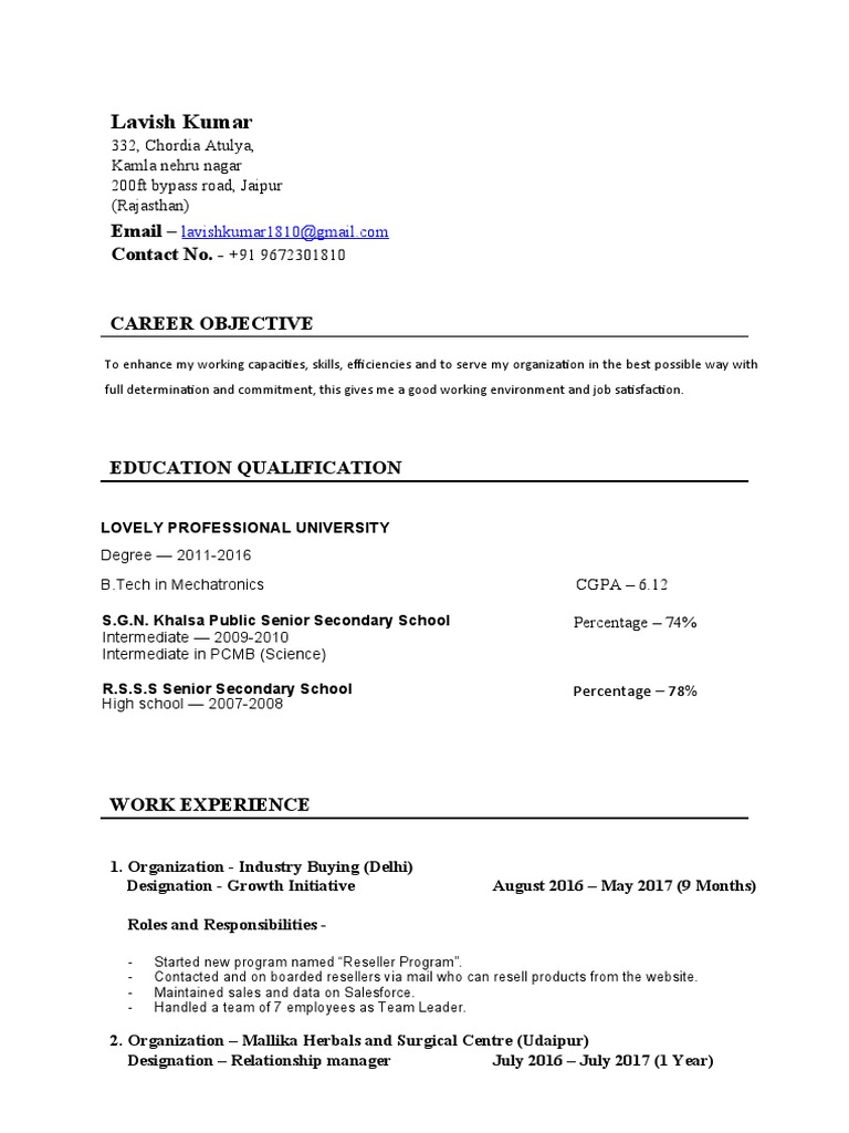 Resume Lavish Kumar | Download Free PDF | Business