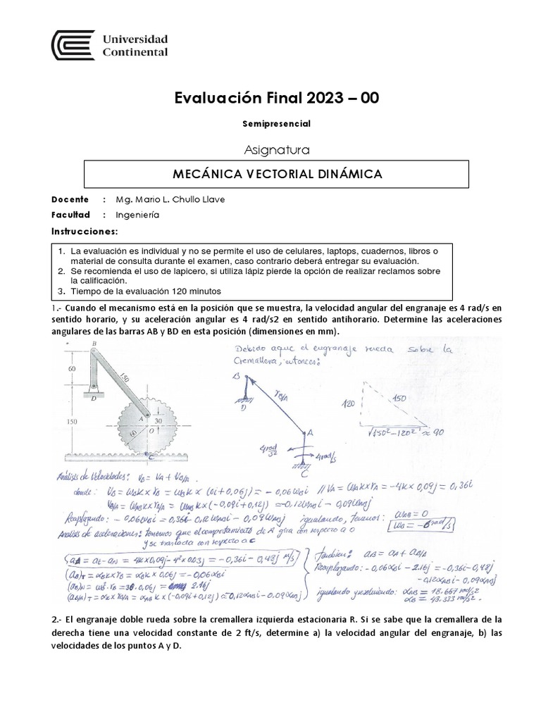 Prueba de Desarrollo Mecanica Vectorial Dinamica Rev1 Solucion | PDF | Velocidad | Engranaje