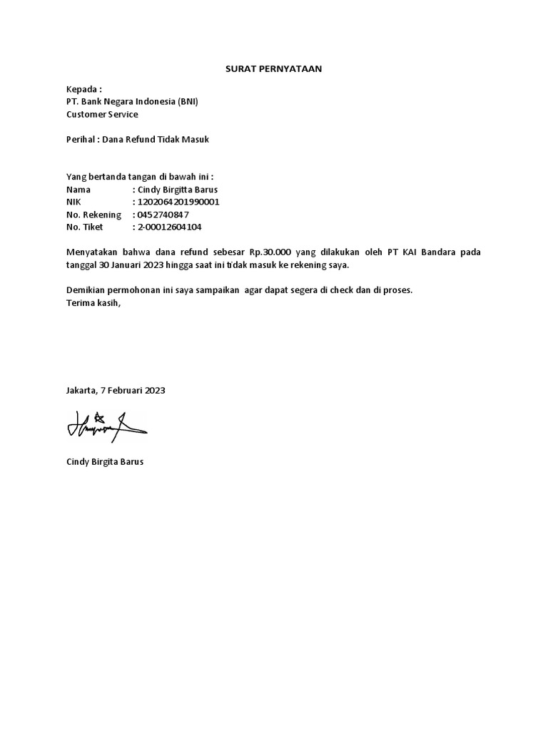 SURAT PERNYATAAN BNI_Cindy Birgita Barus | PDF