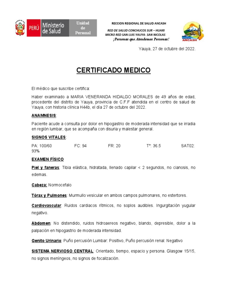 Certificado Médico: Infección Urinaria | PDF | Salud y bienestar ...