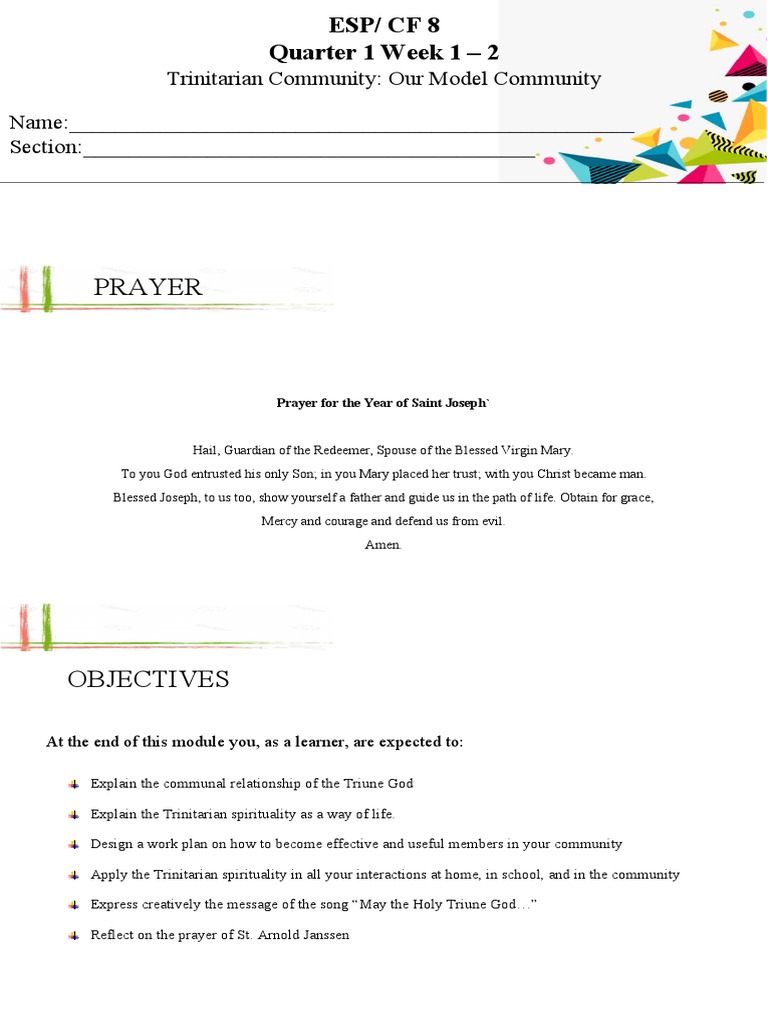 ESP 8 Quarter 1 Week 1-2 | PDF | Trinity | God The Father