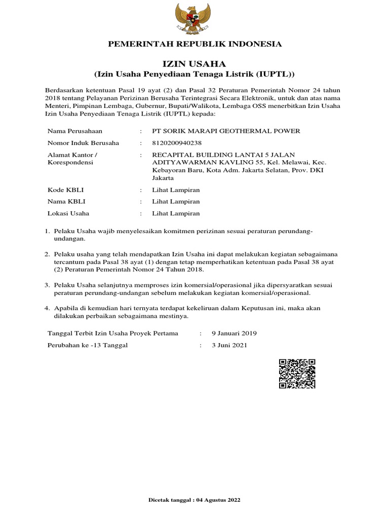 Izin Usaha Penyedia Tenaga Listrik - PT Sorik Marapi Geothermal Power | PDF Izin Usaha Penyedia Tenaga Listrik - PT Sorik Marapi Geothermal Power | PDF