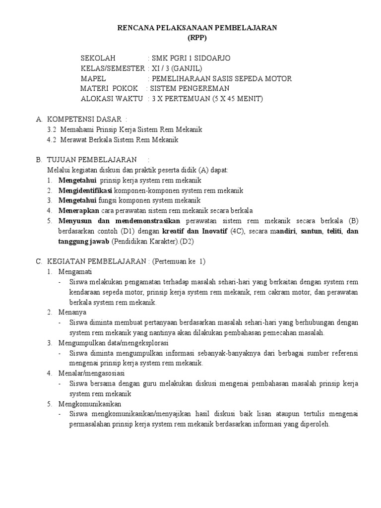 RPP 3.2 Prinsip Kerja Sistem Rem Mekanik | PDF