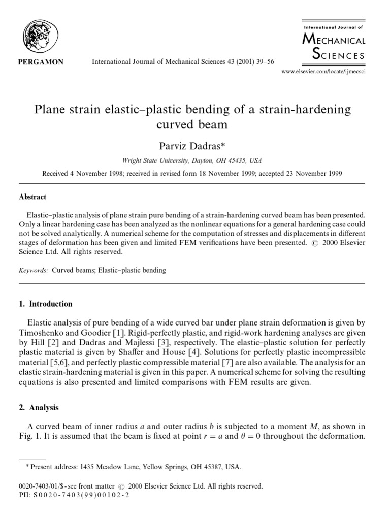 Plane Strain Elastic-Plastic Bending of Strain Hardening Curved Beam ...