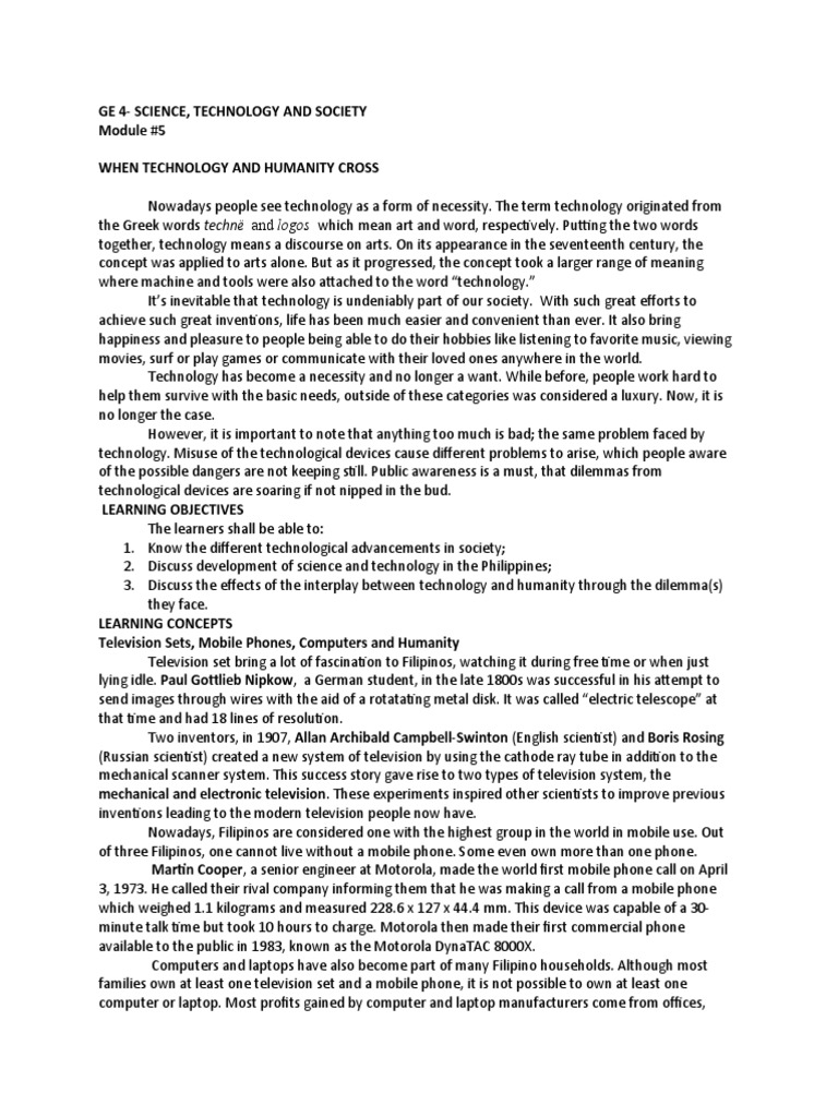 GE 4 - Science, Technology and Society Week 5 & 6 | PDF | Robot | Robotics