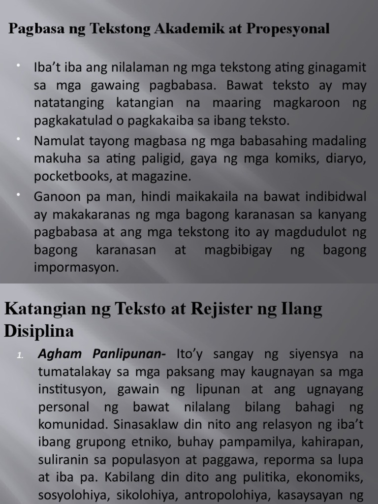 Pagbasa NG Tekstong Akademik at Propesyunal | PDF