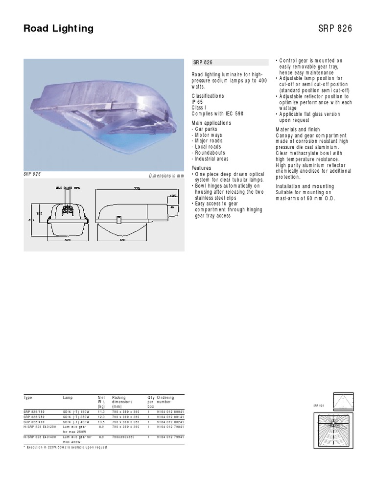 A Comprehensive Review of the SRP 826 Road Lighting Luminaire for High-Pressure Sodium Lamps up ...