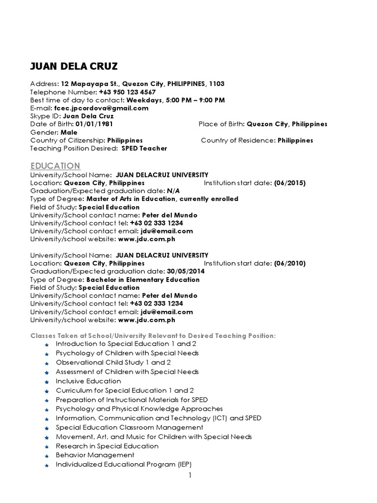 Juan Dela Cruz Resume - SPED Teacher Philippines | PDF | Special ...