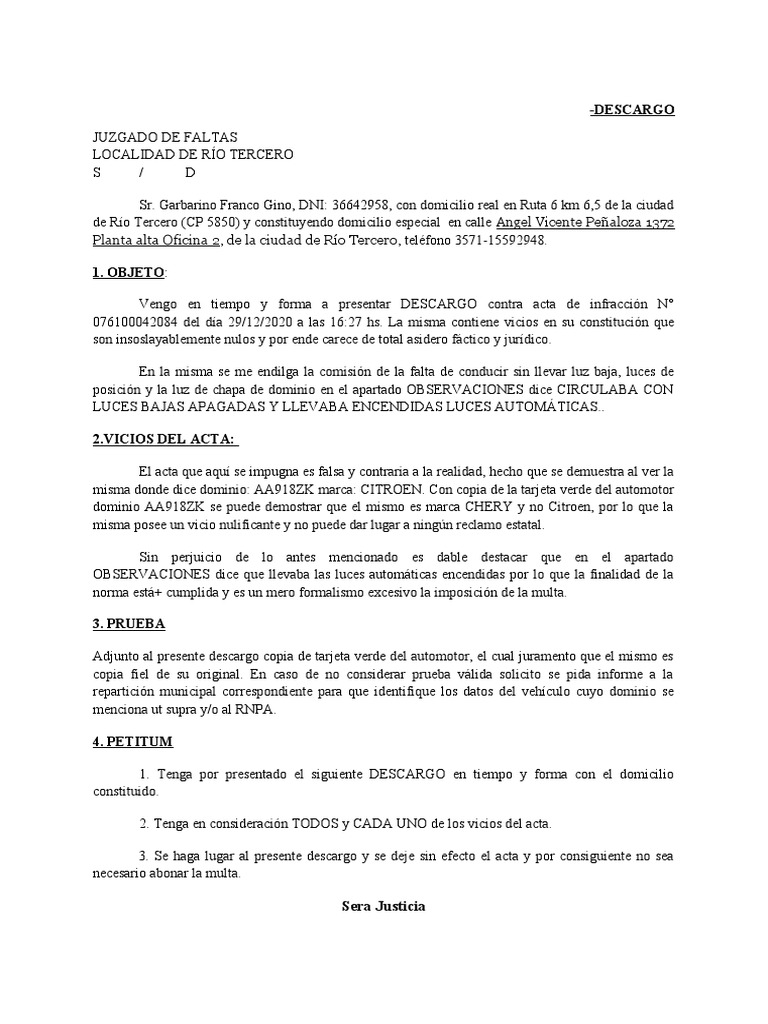 Descargo por Infracción de Luces Apagadas | PDF | Derecho