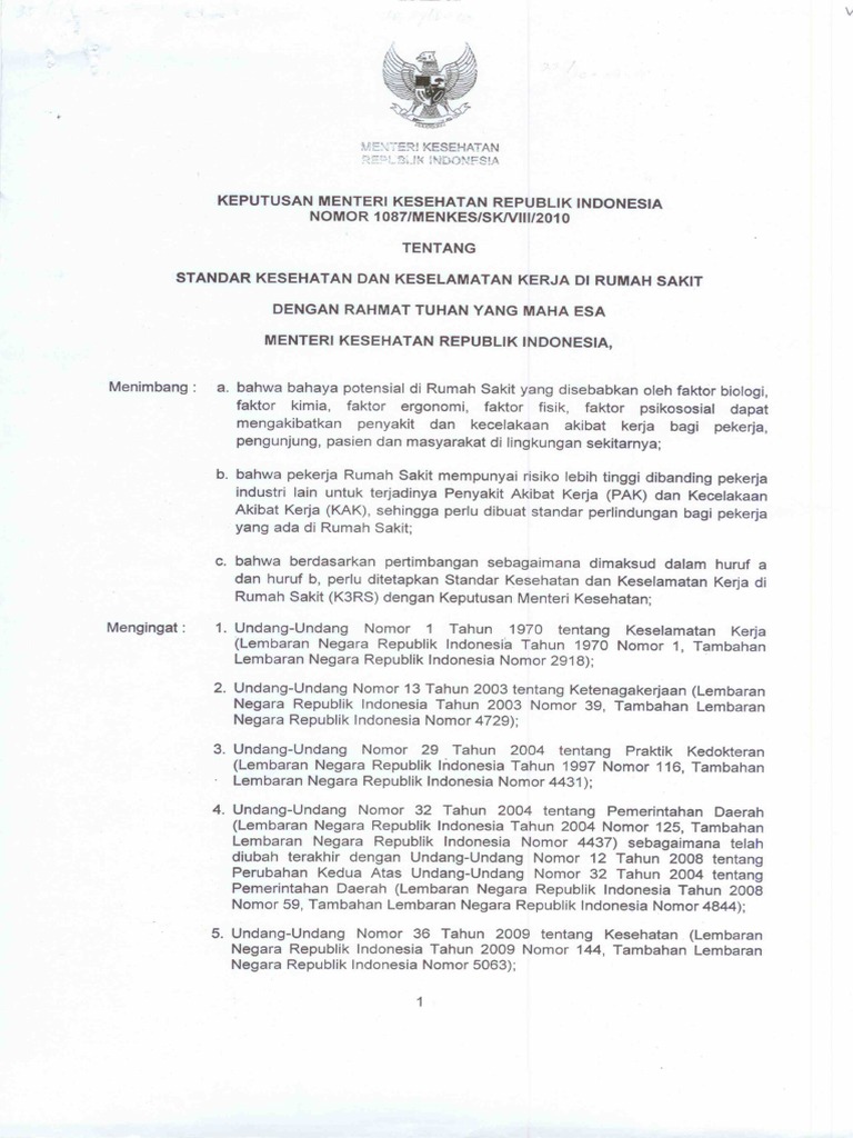 KMK No. 1087 TTG Standar Kesehatan Dan Keselamatan Kerja Di RS | PDF