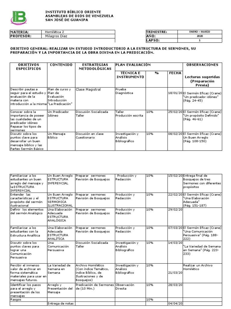 Plan Trimestral de Clases y Evaluacion homiletíca | PDF | Sermón